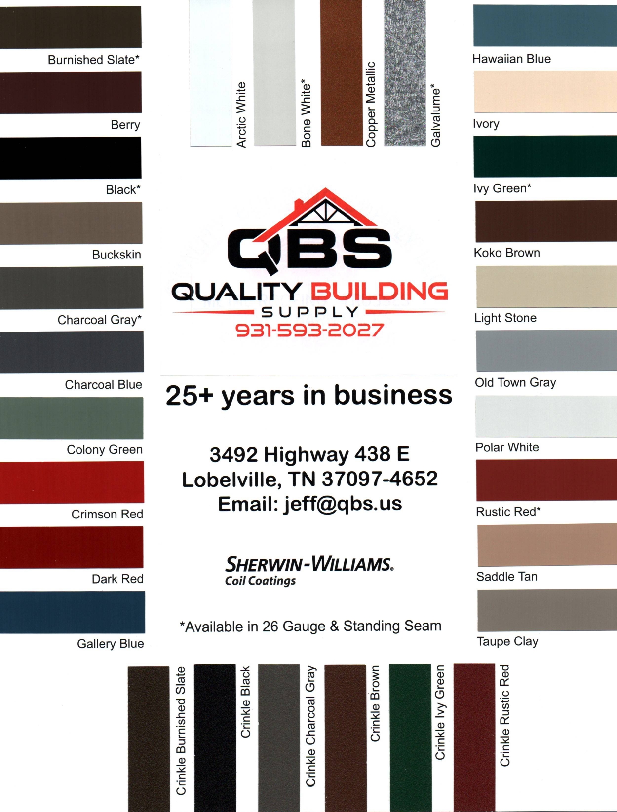 Color Options | Quality Building Supply Lobelville, TN